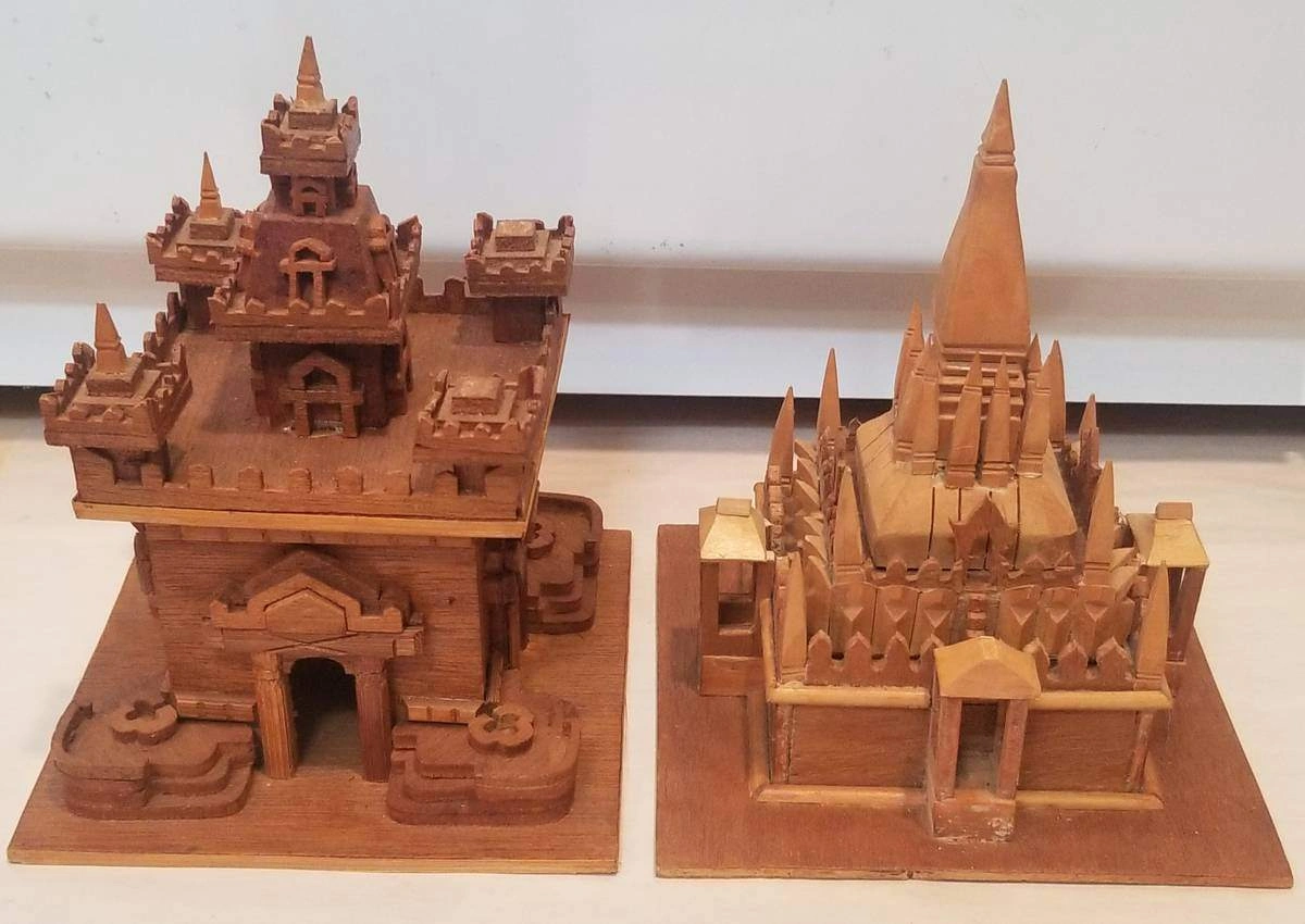 Pair of Vintage Hand-Carved Wooden Temple Models – Intricate | Karrot