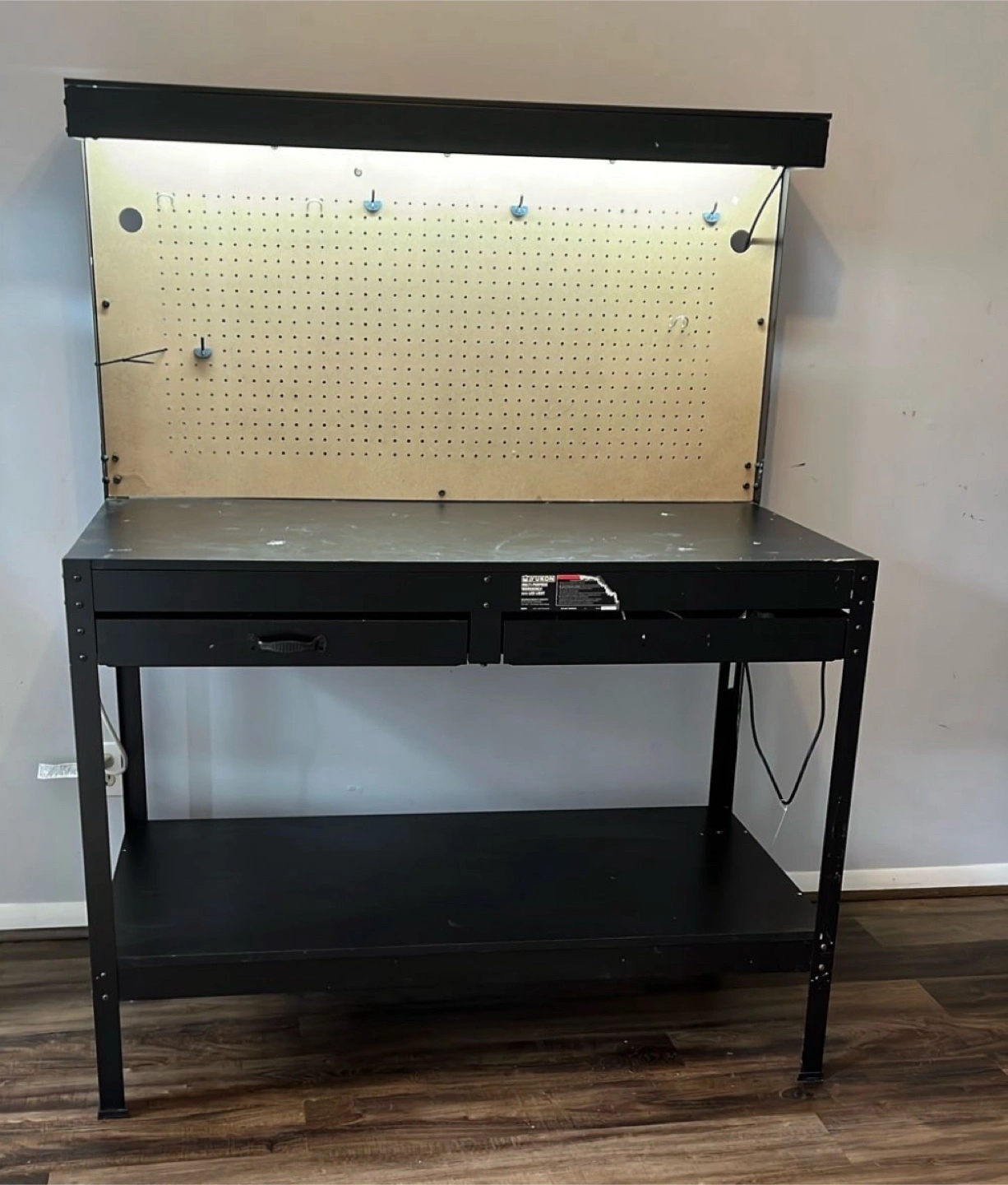 Black Metal Workbench with Pegboard Back and Light | Karrot